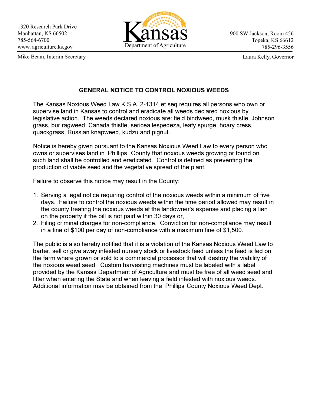 Official Website for the County of Phillips Kansas - Noxious Weeds